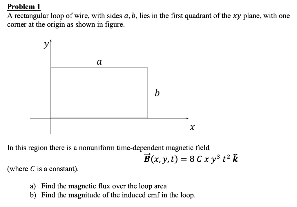SOLVED: Problem 1: A rectangular loop of wire, with sides a and b, lies in the first quadrant of ...