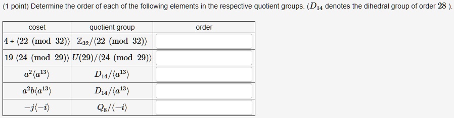 SOLVED: Determine the order of each of the following elements in the ...