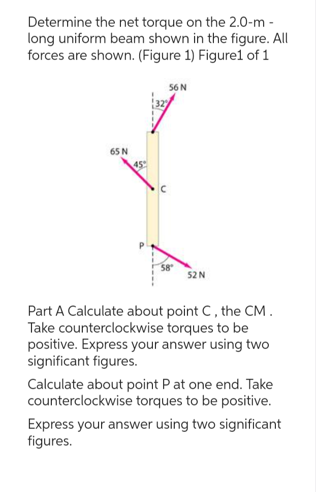 Determine the net torque on the 2.0-m long uniform beam shown in the figure. All forces are ...
