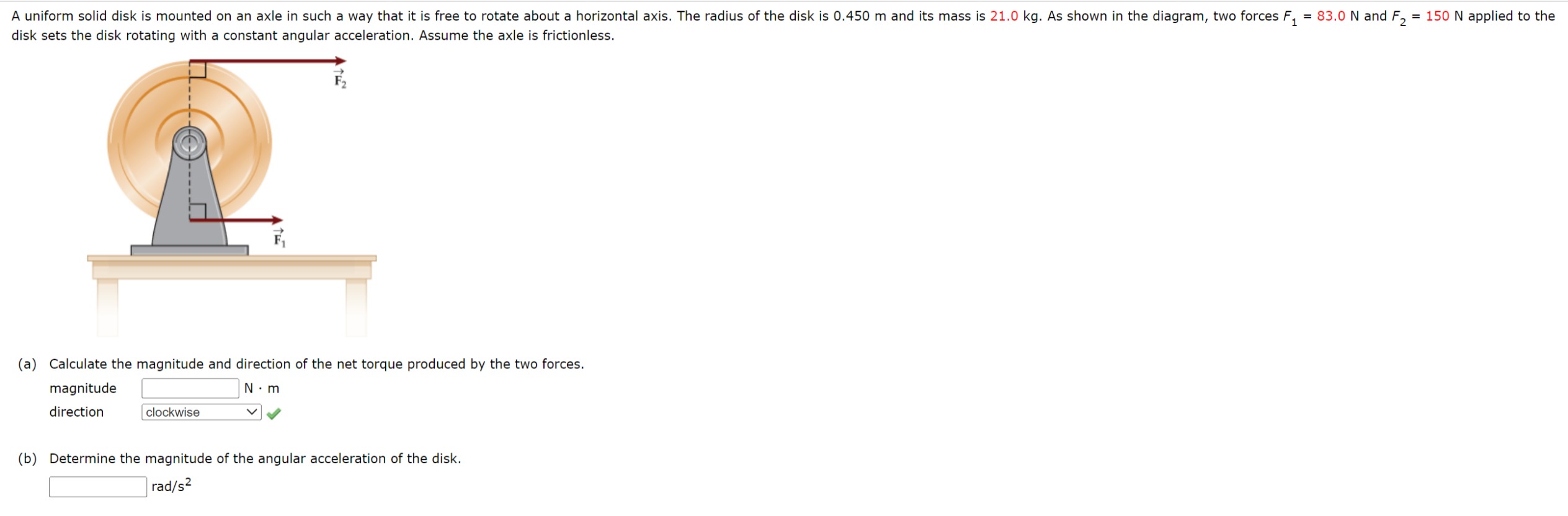 SOLVED: disk sets the disk rotating with a constant angular acceleration. Assume the axle is ...