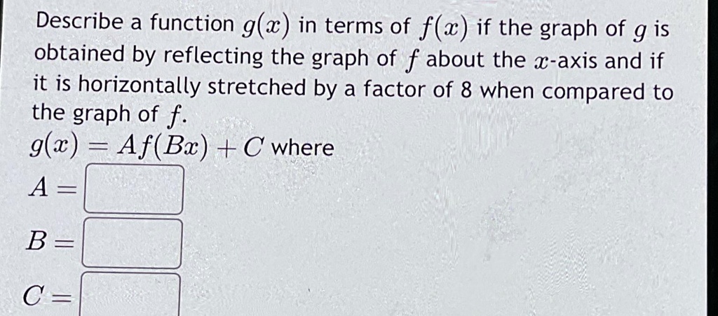 SOLVED: Describe a function g(x) in terms of f(x) if the graph of g is obtained by reflecting ...