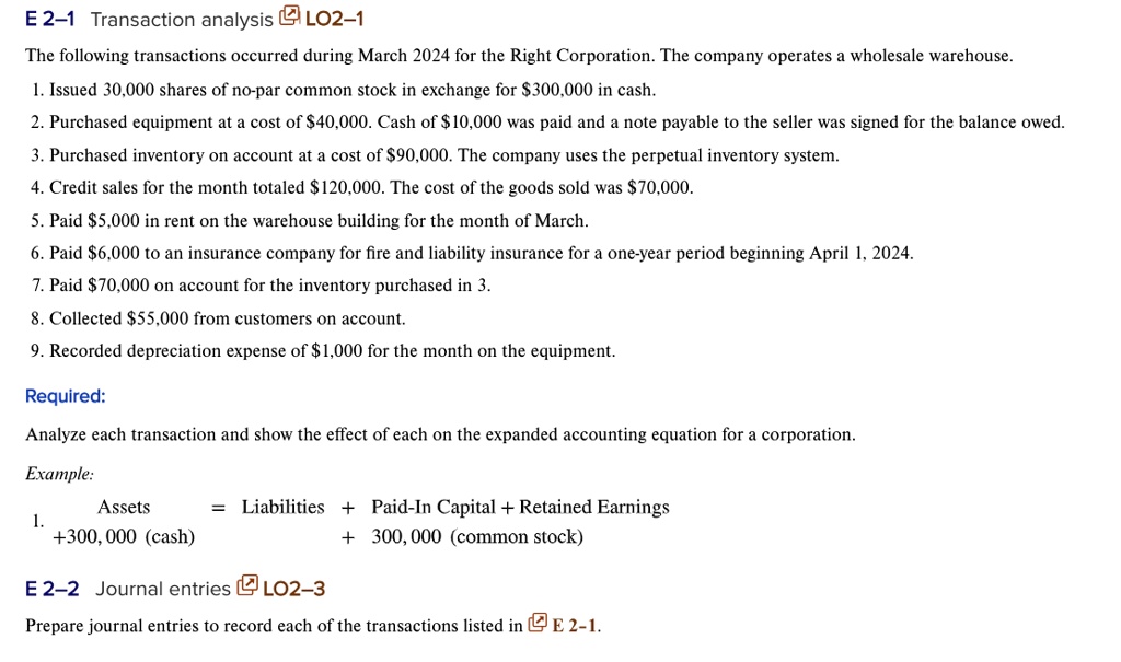 E 2-1 Transaction analysis LO2-1 The following transactions occurred ...