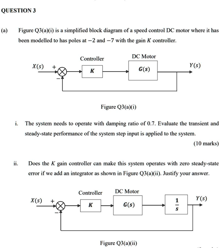 SOLVED: QUESTION 3 (a) Figure Q3(a)i) is a simplified block diagram of a speed control DC motor ...