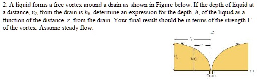 SOLVED: 2.A liquid forms a free vortex around a drain as shown in Figure below. If the depth ...