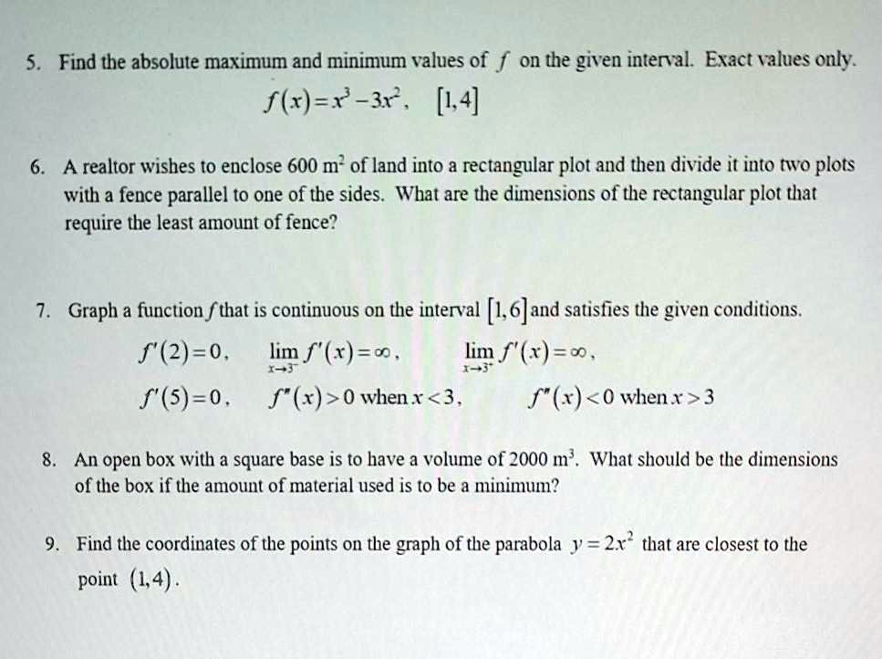 SOLVED: 5. Find the absolute maximum and minimum values of on the given intenal Exact !alues ...