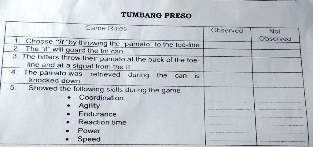 Solved Tumbang Preso Game Rules Observed Not Observed 1 Choose It By Throwing The Pamato