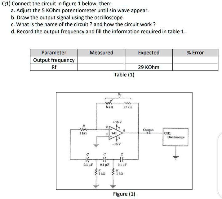 SOLVED: Q1) Connect the circuit in Figure 1 below, then: Adjust the 5 kOhm potentiometer until a ...