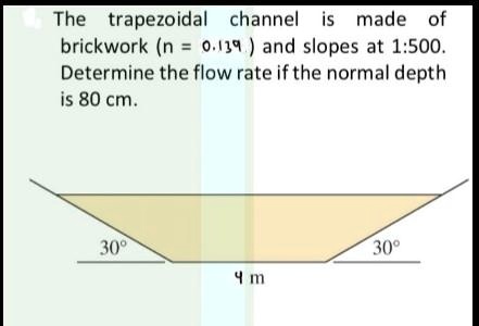 The trapezoidal channel is made of brickwork (n = 0.139) and slopes at ...