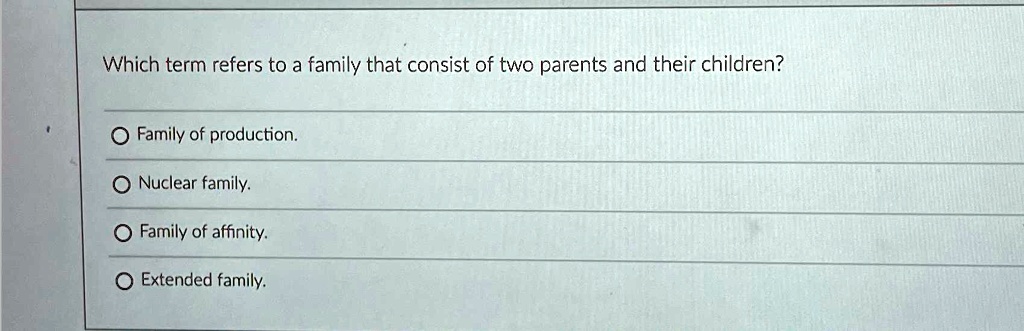 SOLVED: Which term refers to a family that consists of two parents and ...