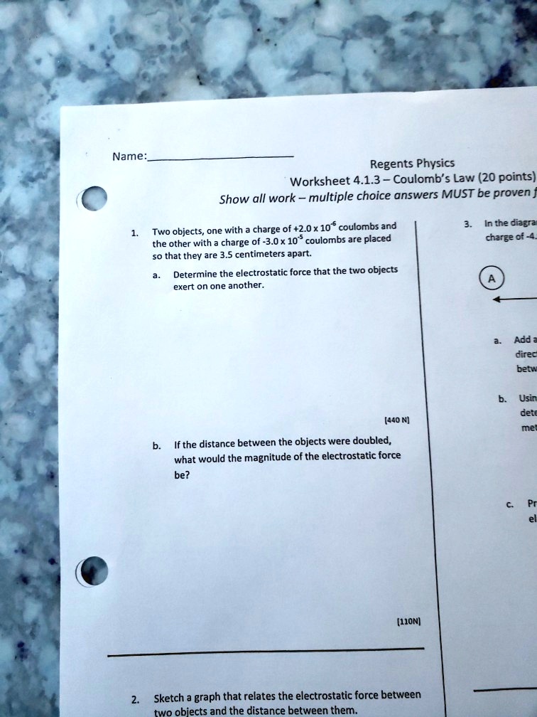 name regents physics worksheet 413 coulombs law 20 points show all work ...
