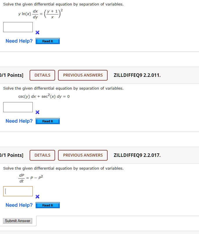 SOLVED: Solve the given differential equation by separation of ...