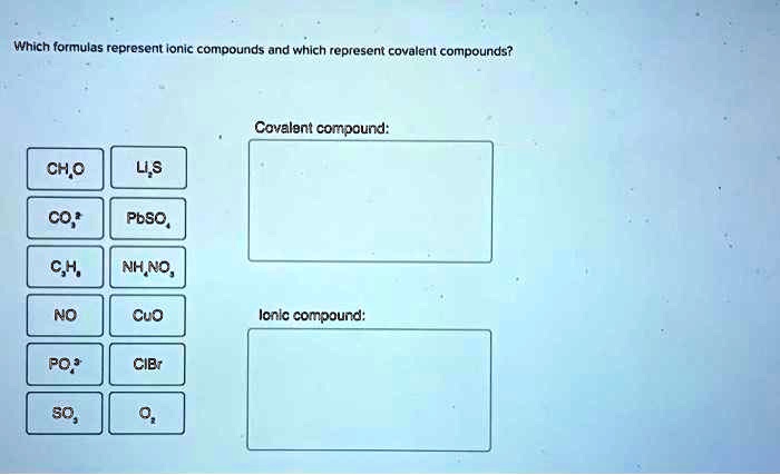 Which formulas represent ionic compounds and which represent covalent compounds? Covalent ...