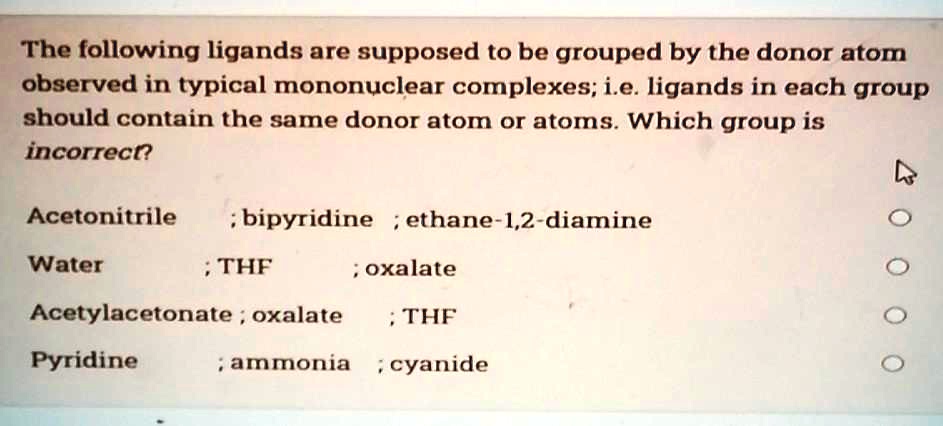 the following ligands are supposed to be grouped by the donor atom ...