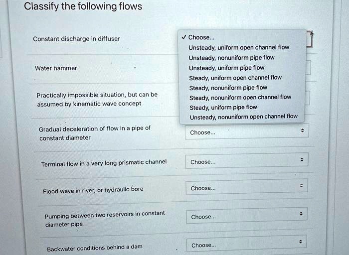 SOLVED: Classify the following flows: Constant discharge in diffuser Choose... Unsteady, uniform ...