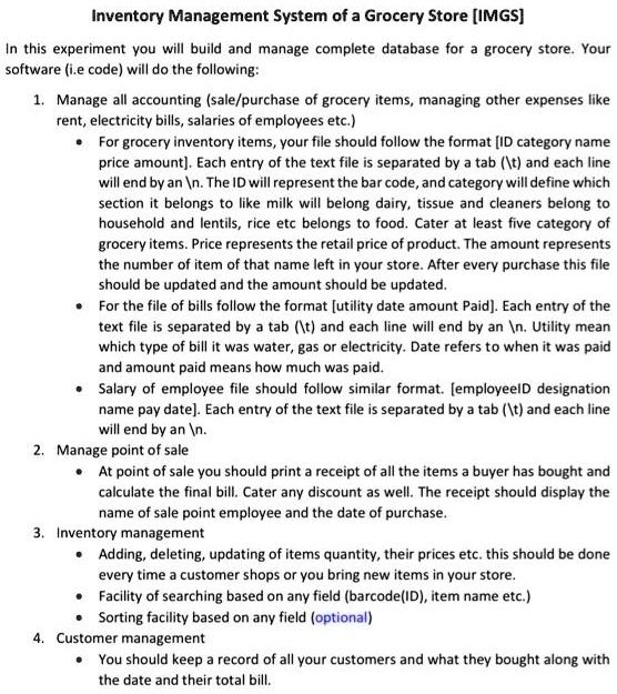 SOLVED: Inventory Management System of a Grocery Store (IMGS) In this ...