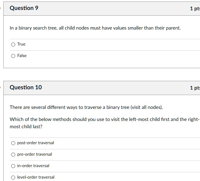 SOLVED: Question 9 1pt In a binary search tree, all child nodes must ... SOLVED: Question 9 1pt In a binary search tree, all child nodes must ...