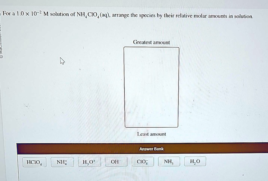 Texts: For a 1.0 x 10^-2 M solution of NHClO(aq), arrange the species ...
