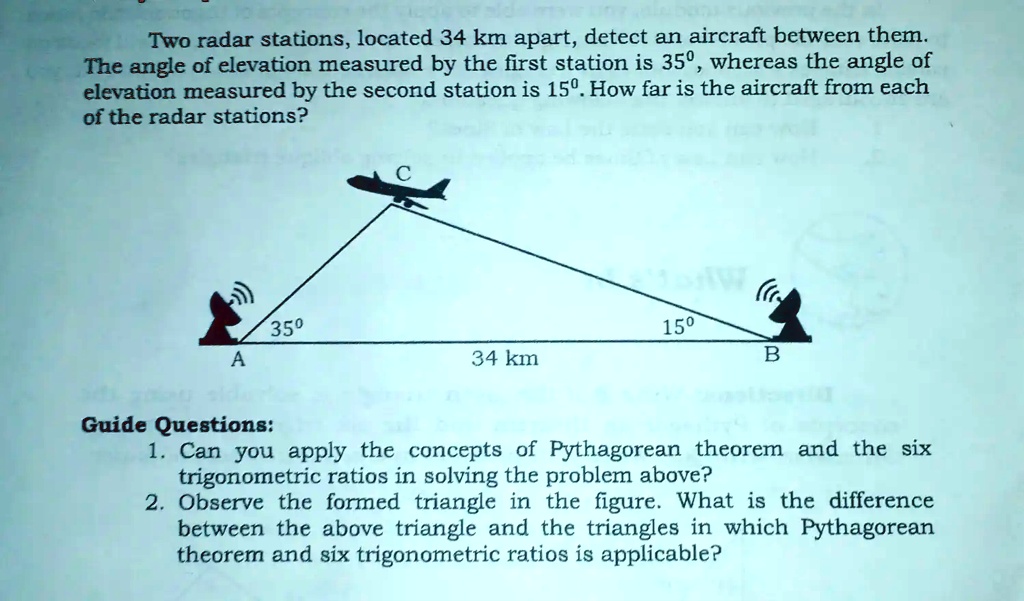 SOLVED: Two radar stations, located 34 km apart, detect an aircraft ...