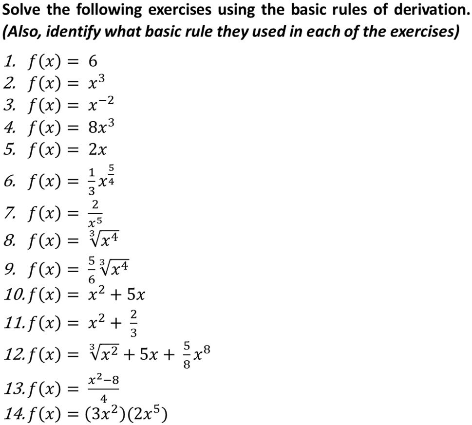 SOLVED: 'Derivatives using the derivation rules: Solve the following ...