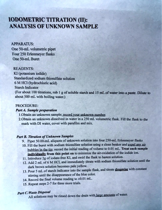 SOLVED: IODOMETRIC TITRATION (II): ANALYSIS OF UNKNOWN SAMPLE APPARATUS ...
