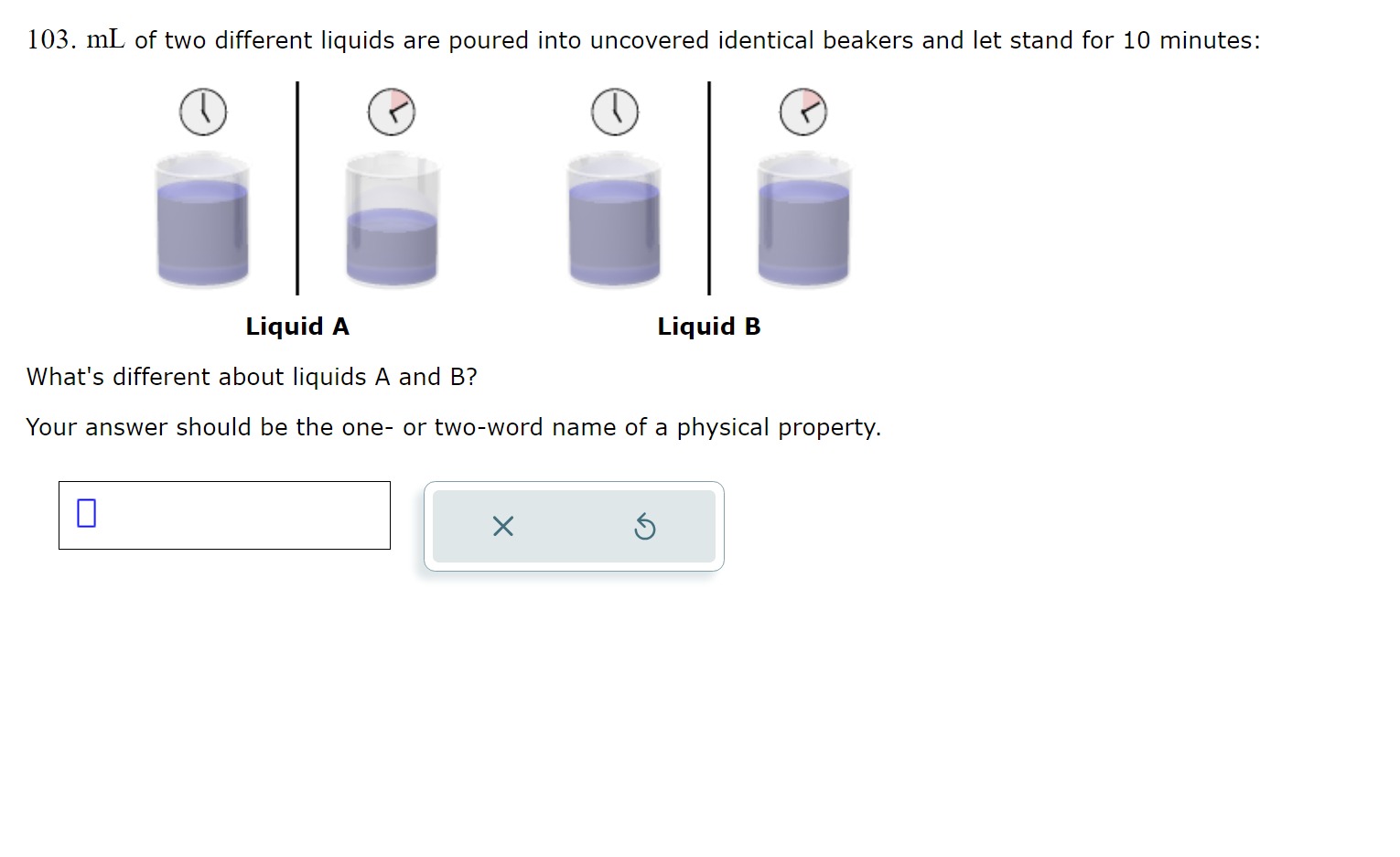 103. mL of two different liquids are poured into uncovered identical beakers and let stand for ...