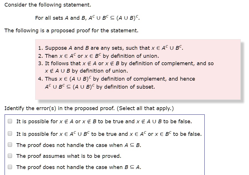 SOLVED: Consider the following statement: For all sets A and B, AC U BC ...
