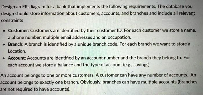 SOLVED: Design an ER-diagram for a bank that implements the following ...