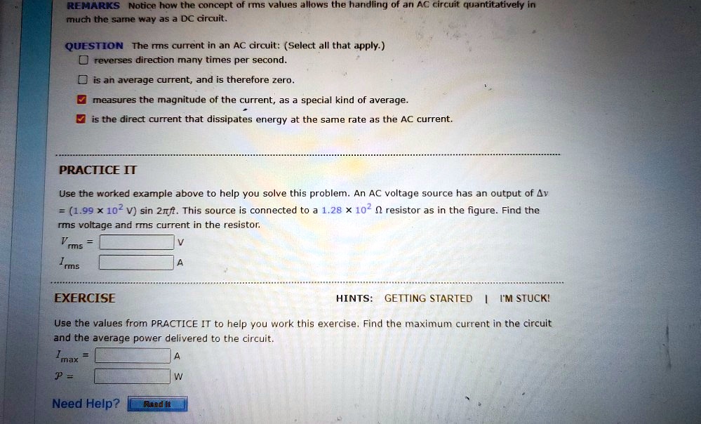 SOLVED: REMARKS Notice how the concept of rms values allows the ...