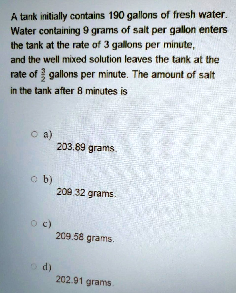 SOLVED: tank initially contains 190 gallons of fresh water. Water ...