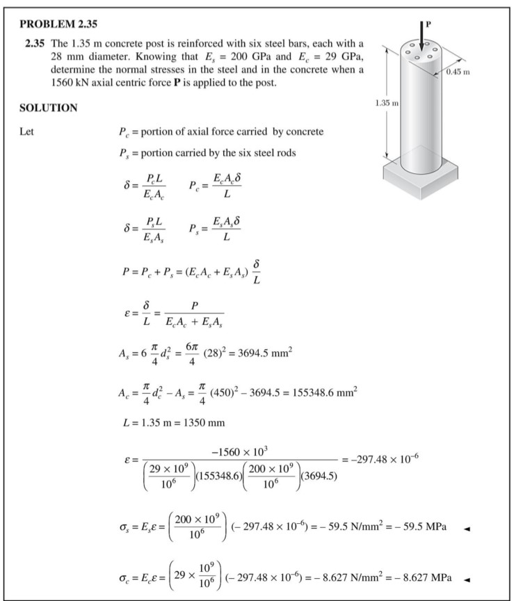 PROBLEM 2.35 2.35 The 1.35 m concrete post is reinforced with six steel bars, each with a 28 mm ...