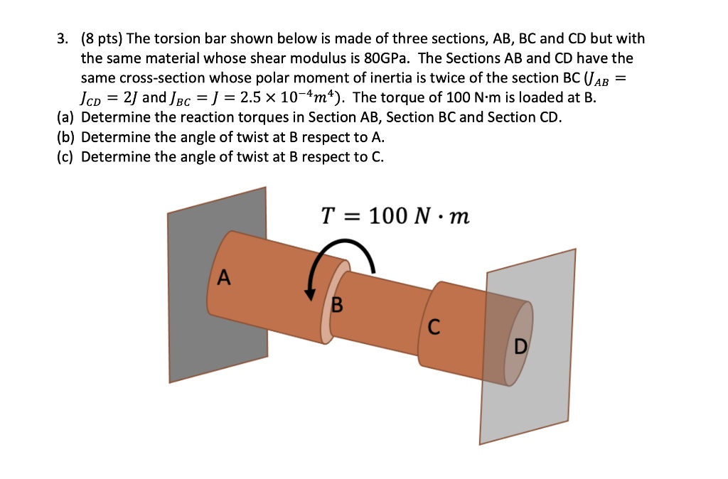 3. (8 pts) The torsion bar shown below is made of three sections, AB ...