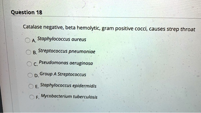 Question 18 Catalase negative, beta hemolytic, gram positive cocci ...