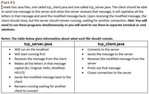 Part #1 Create two Java files, one called tcpclient.java and one called tcpserver.java. The ...