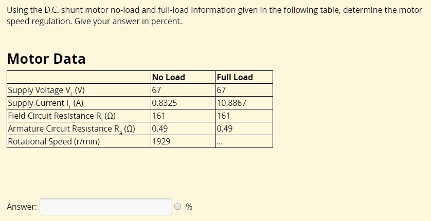 SOLVED: Using the D.C. shunt motor no-load and full-load information ...