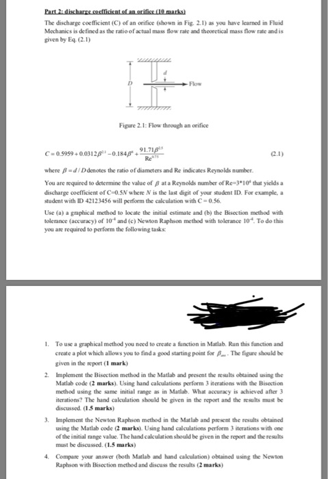 SOLVED: Part 2: Discharge Coefficient of an Orifice (10 marks) The discharge coefficient (C) of ...
