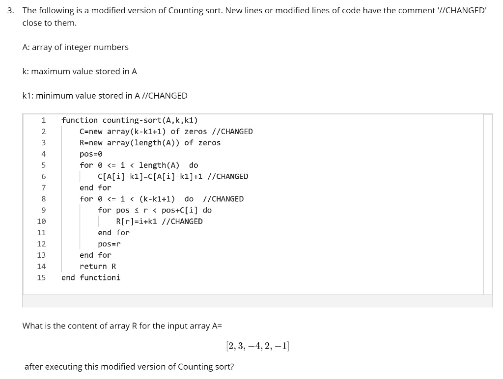 3. The following is a modified version of Counting sort. New lines or modified lines of code ...