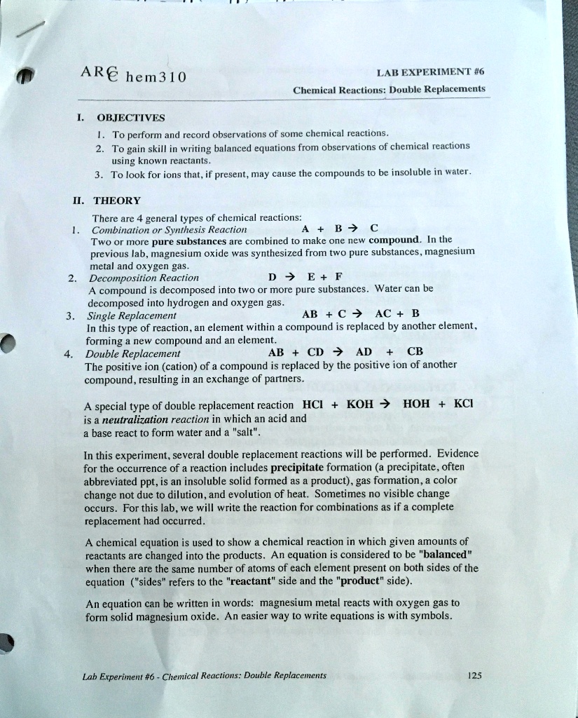 SOLVED: ARâ‚¬ hem310 LAB EXPERIMENT #6: Chemical Reactions - Double ...