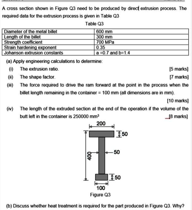 A cross section shown in Figure Q3 need to be produced by ...