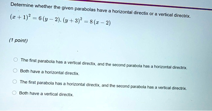 determine whether the given parabolas have horizontal directix 21 6 y 2 ...