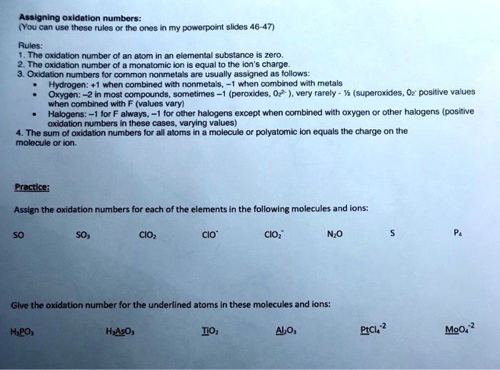SOLVED: Assigning oxidation numbers: (You can use these rules or the ...