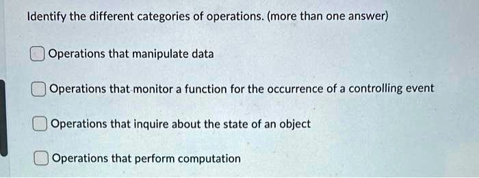 SOLVED: Identify the different categories of operations (more than one ...