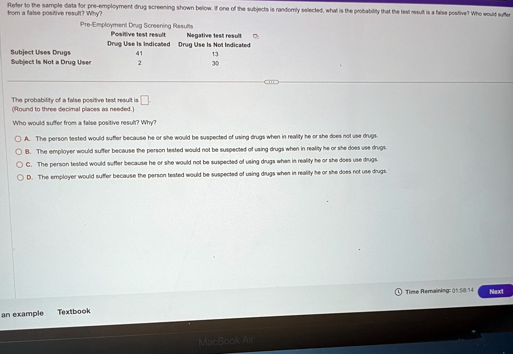SOLVED: Refer to the sample data for pre-employment drug screening shown below. If one of the ...