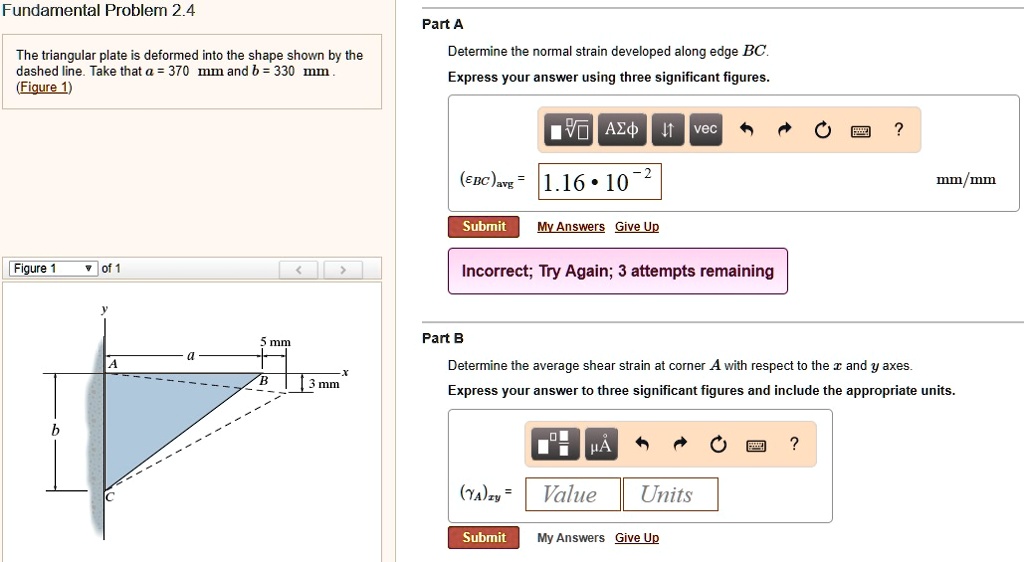 SOLVED: Fundamental Problem 2.4 Part A The triangular plate is deformed into the shape shown by ...