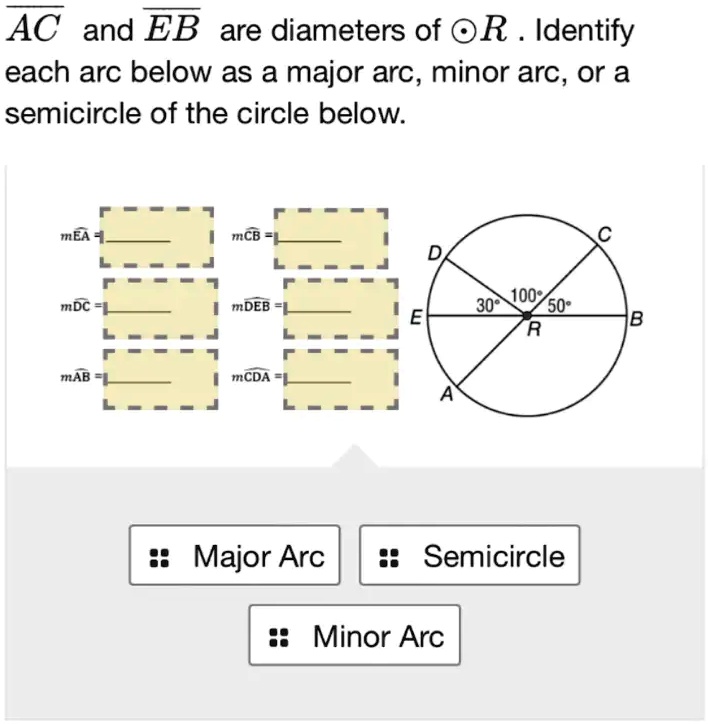 ac and eb are diameters of r identify each arc below as a major arc ...