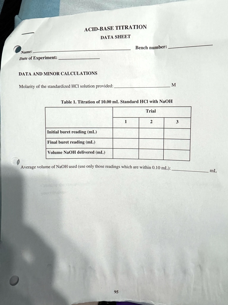 acid base titration data sheet bench number name date of experiment data and minor calculations ...
