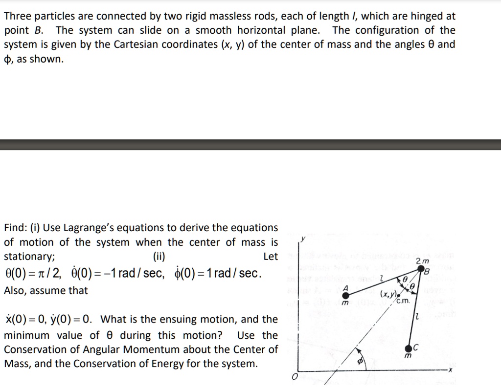 Three particles are connected by two rigid massless rods, each of ...