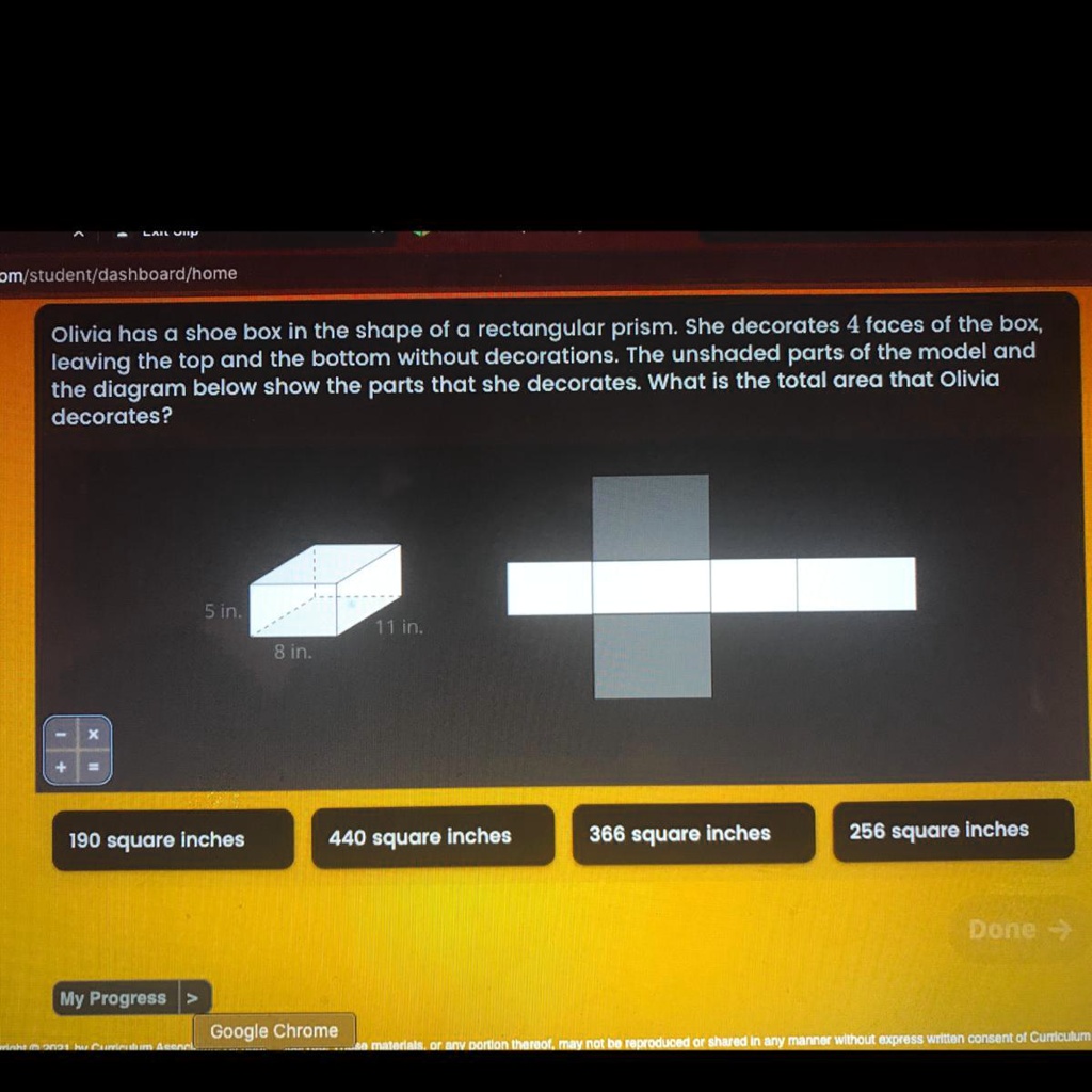 SOLVED: Olivia has a shoe box in the shape of a rectangular prism. She ...