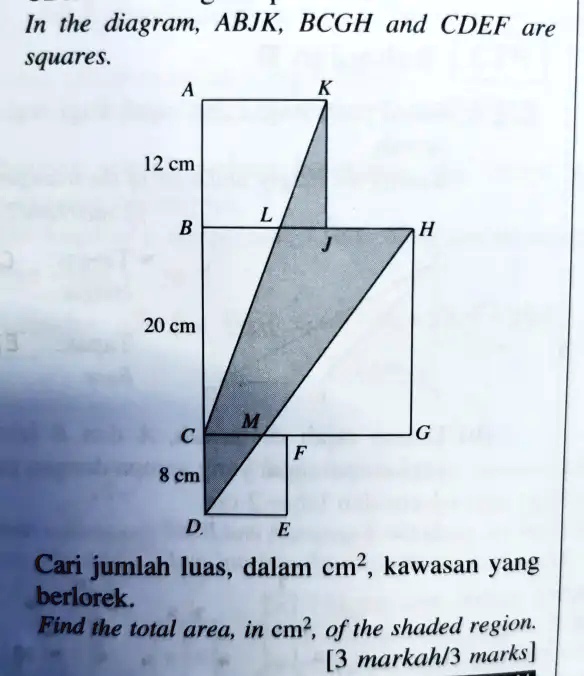 SOLVED: In the diagram, ABJK, BCGH, and CDEF are squares. 12 cm 20 cm 8 cm Find the total area ...