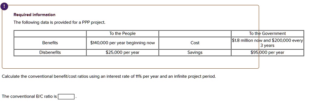 SOLVED: Calculate the conventional benefit/cost ratios using an ...