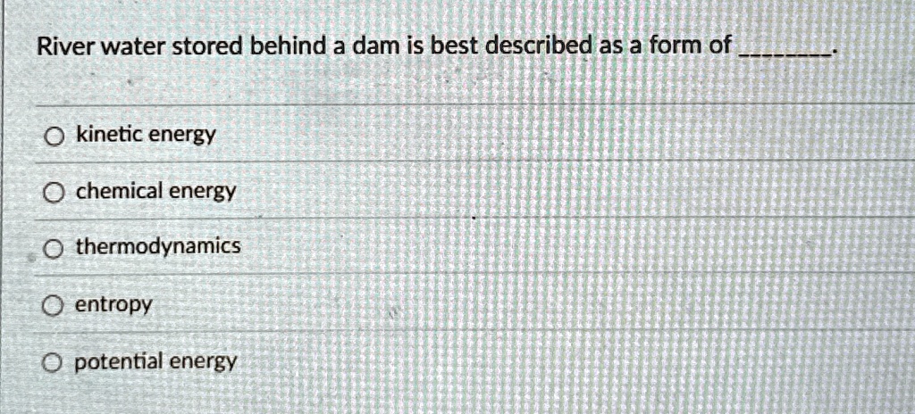 River water stored behind a dam is best described as a form of ...